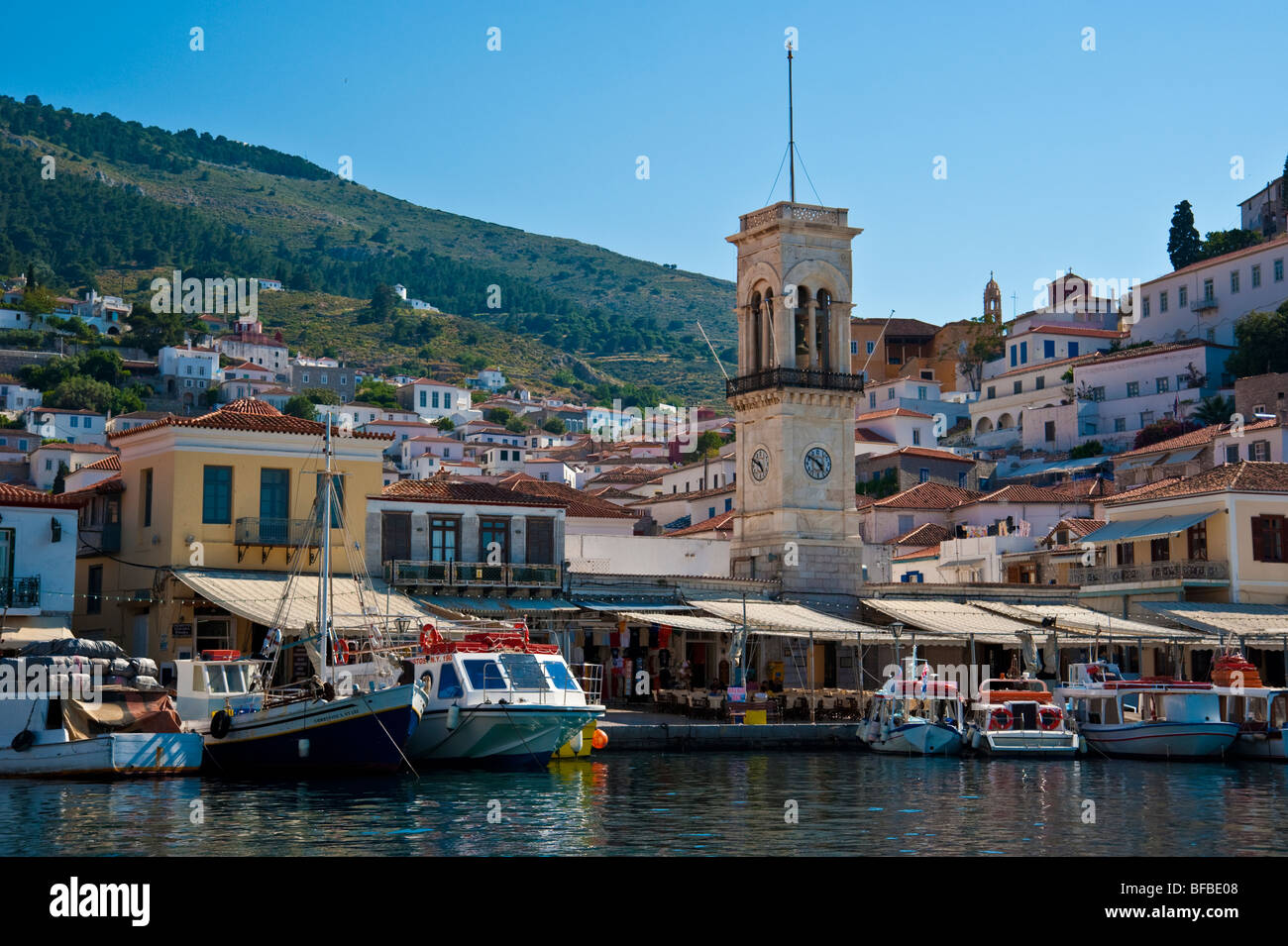 Waterfront promenade at harbor of Hydra island, Greece Stock Photo - Alamy