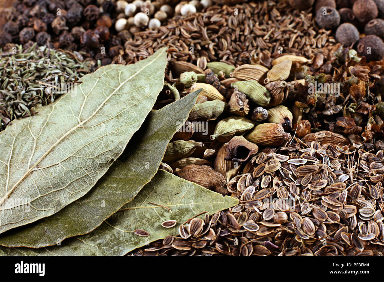Mix spice background with bay leaf closeup Stock Photo - Alamy