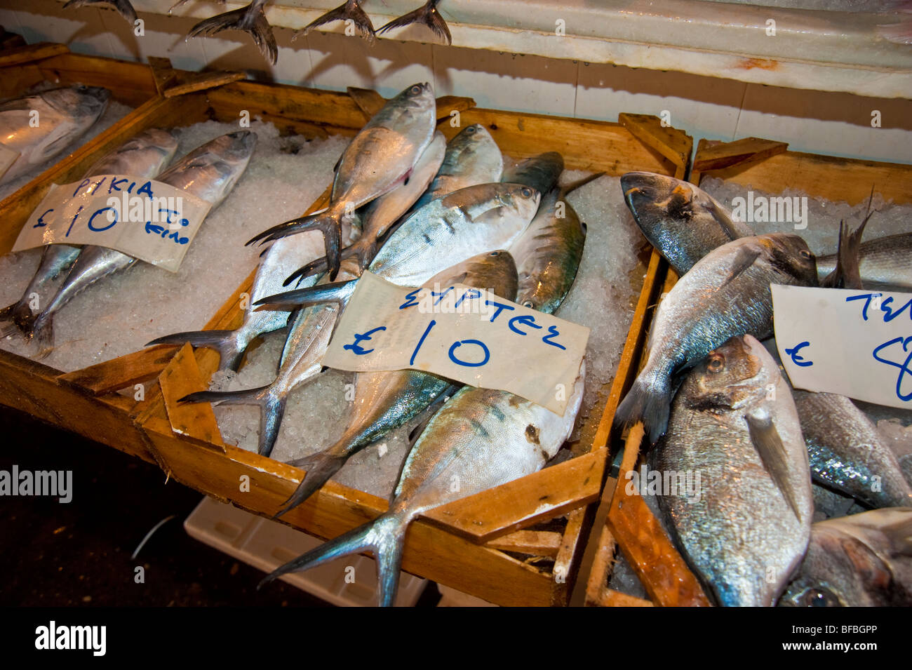 Fresh fish for sale on food market at Aegina island, Greece Stock Photo ...