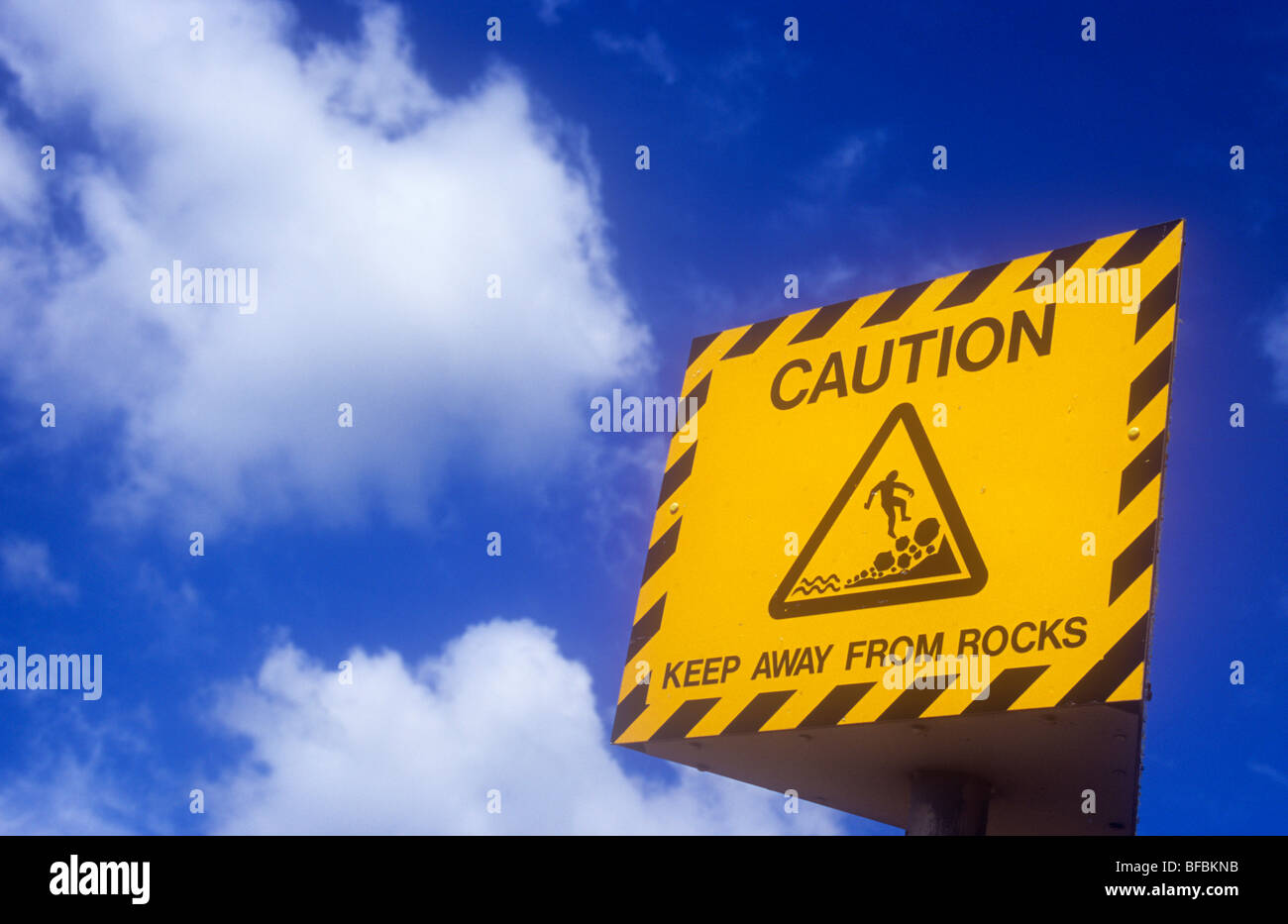 Yellow sign with icon of figure slipping off rocks into sea stating ...