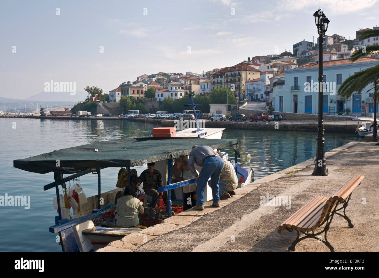 Fishing boats in the harbour at Pylos, Messinia, Southern Peloponnese ...