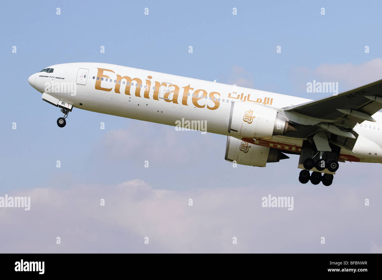 Boeing 777 operated by Emirates taking off from Birmingham Airport ...