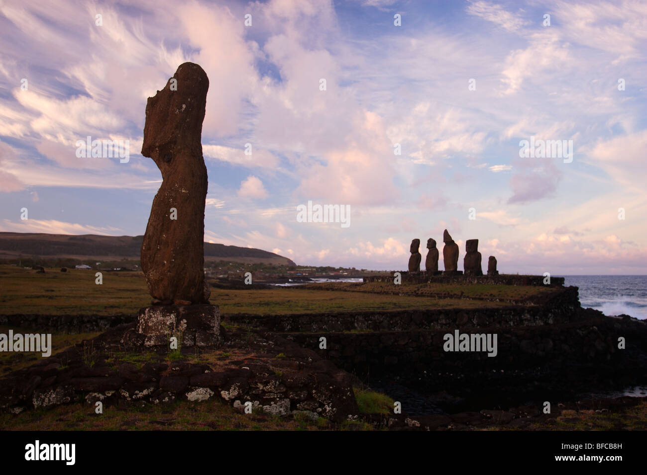 Moais stand erect, Ahu Tahai, Tahai Archeological Site, Hanga Roa ...