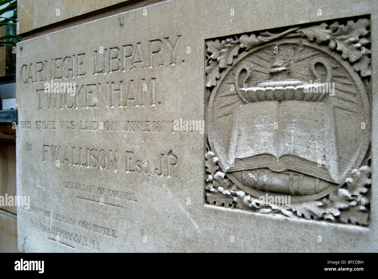 foundation stone at twickenham library, twickenham, middlesex, england ...