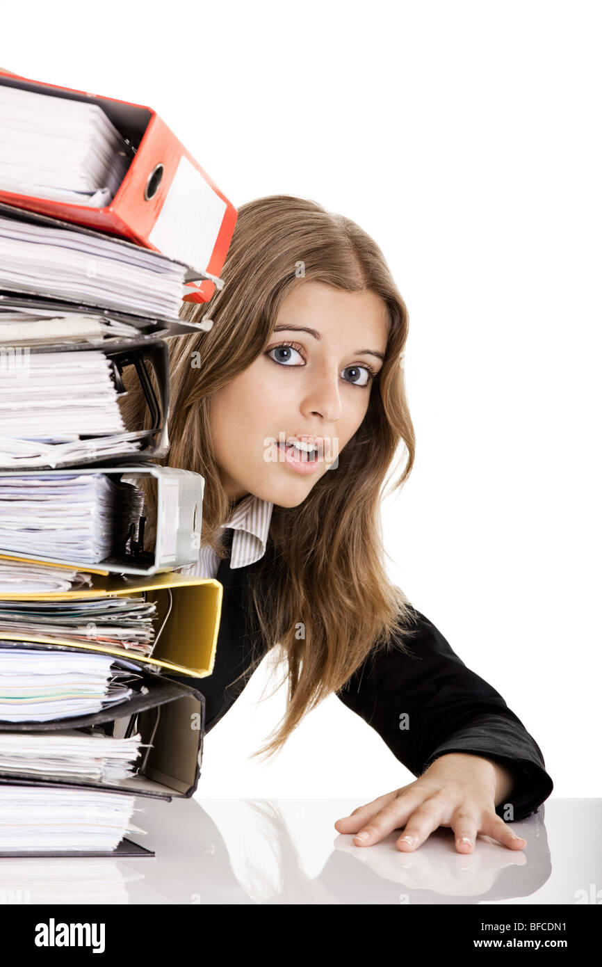 Business Woman in the office over-worked isolated on white Stock Photo ...