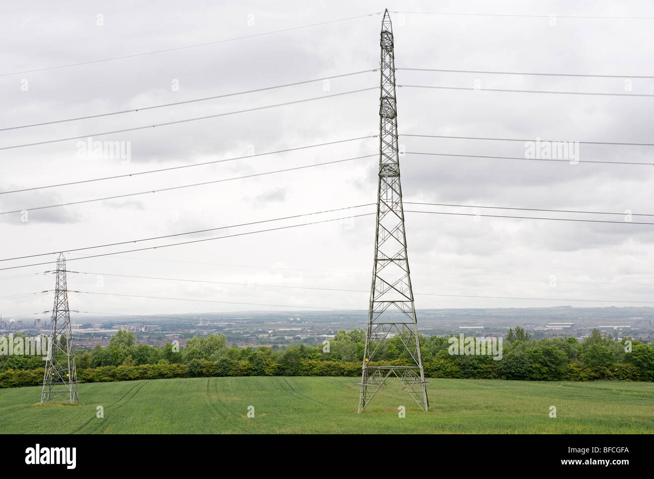 High voltage electricity pylons close to the city of Middlesbrough ...