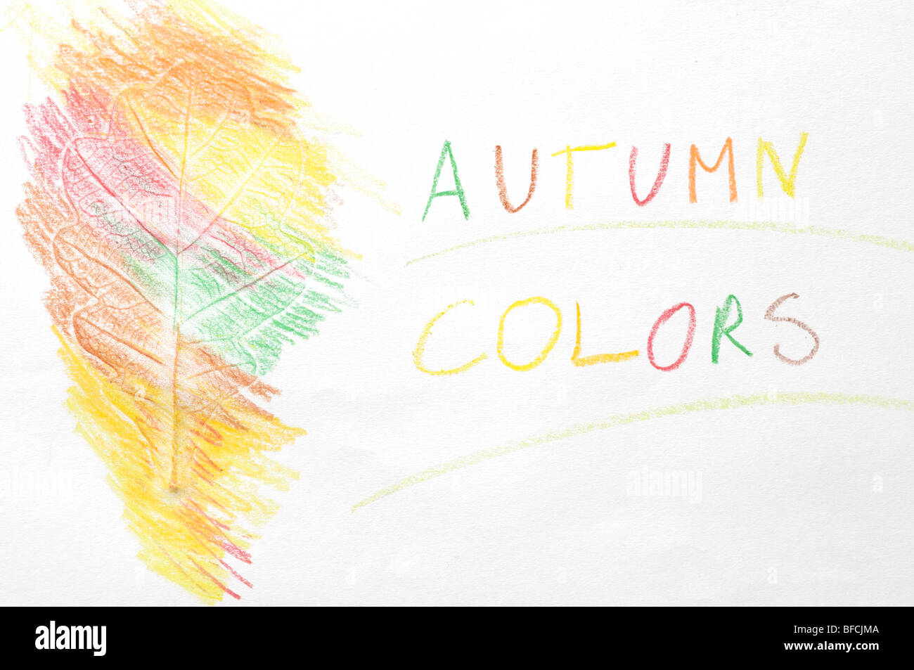 Drawing of a colorful leaf and a sign "Autumn Colors" with crayons ...