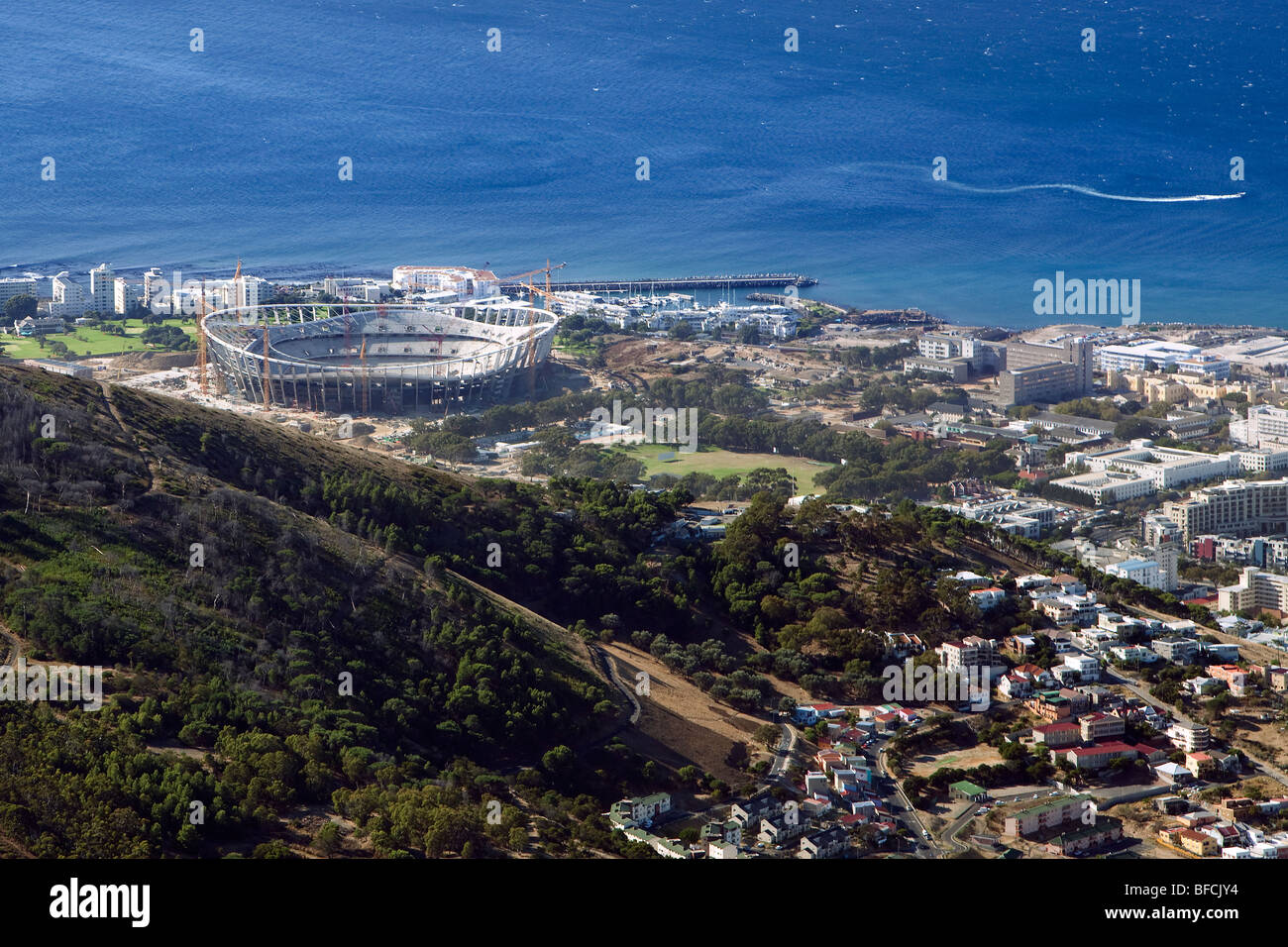 View of Green Point Stadium under construction, Cape Town, South Africa ...