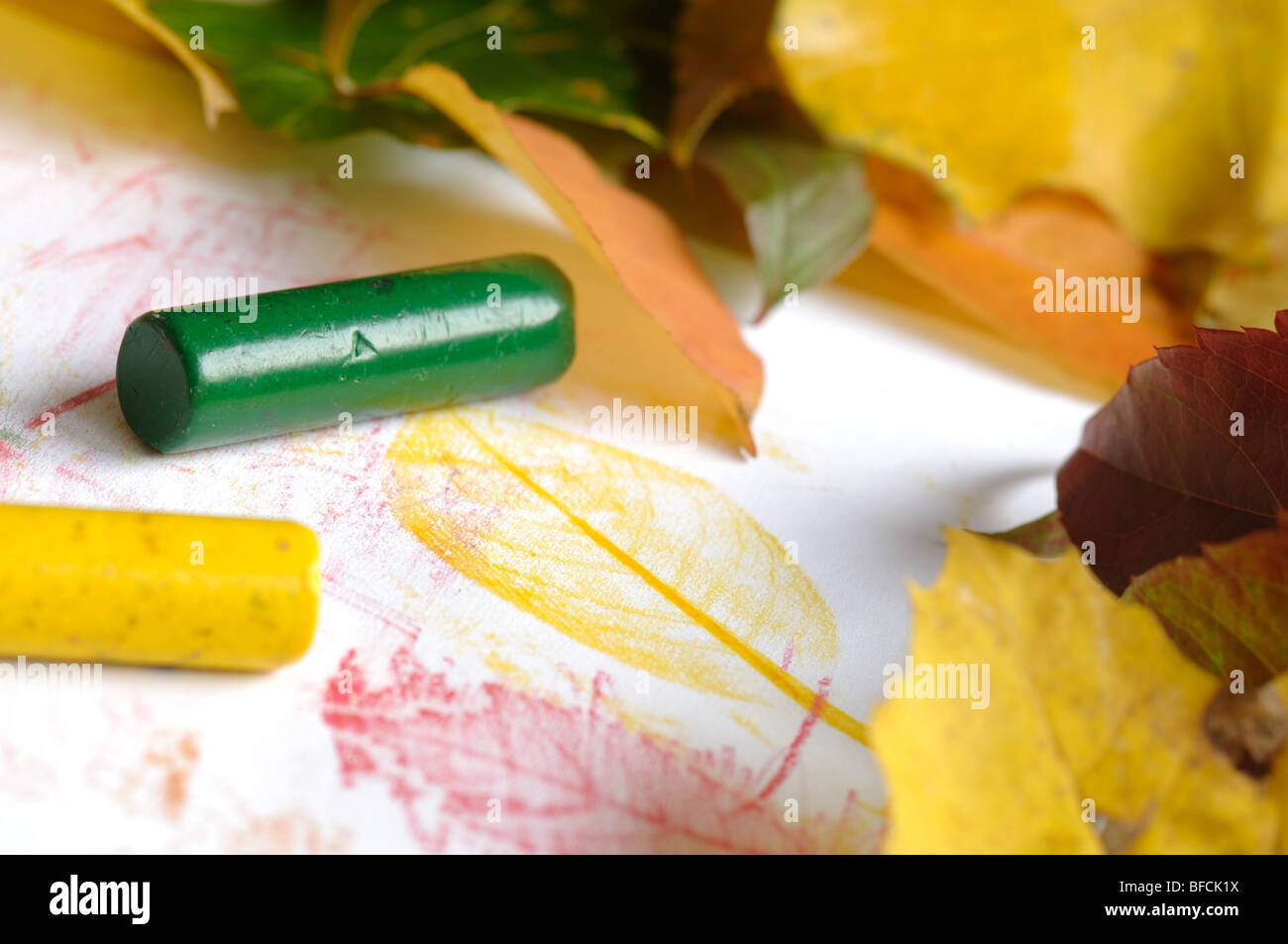 Drawing autumn leaves with crayons by children Stock Photo - Alamy