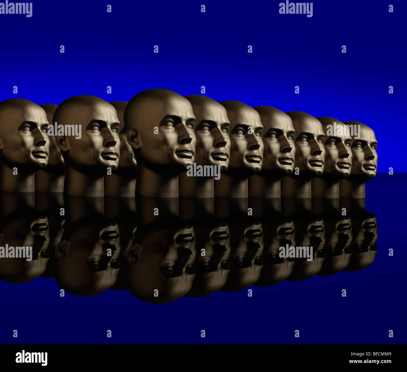 Metallic android mannequin heads lined up in several rows on a ...