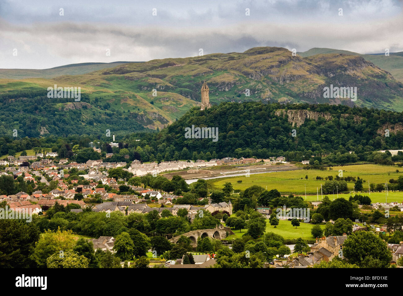 Wallis monument surrounded by trees, atop Abbey Craig with houses in ...