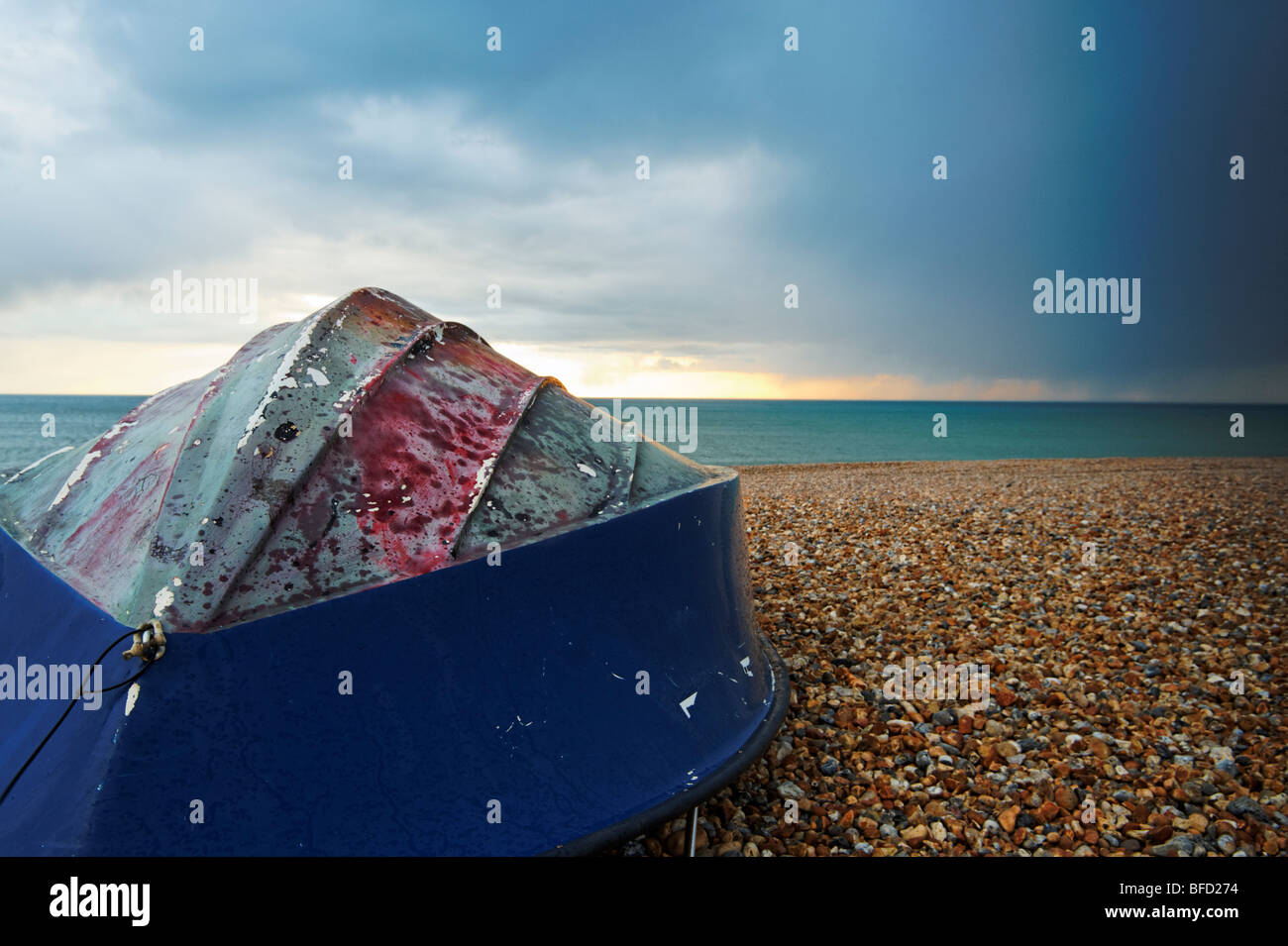 Overturned boat at Seaford Head near the Seven Sisters Chalk cliffs ...