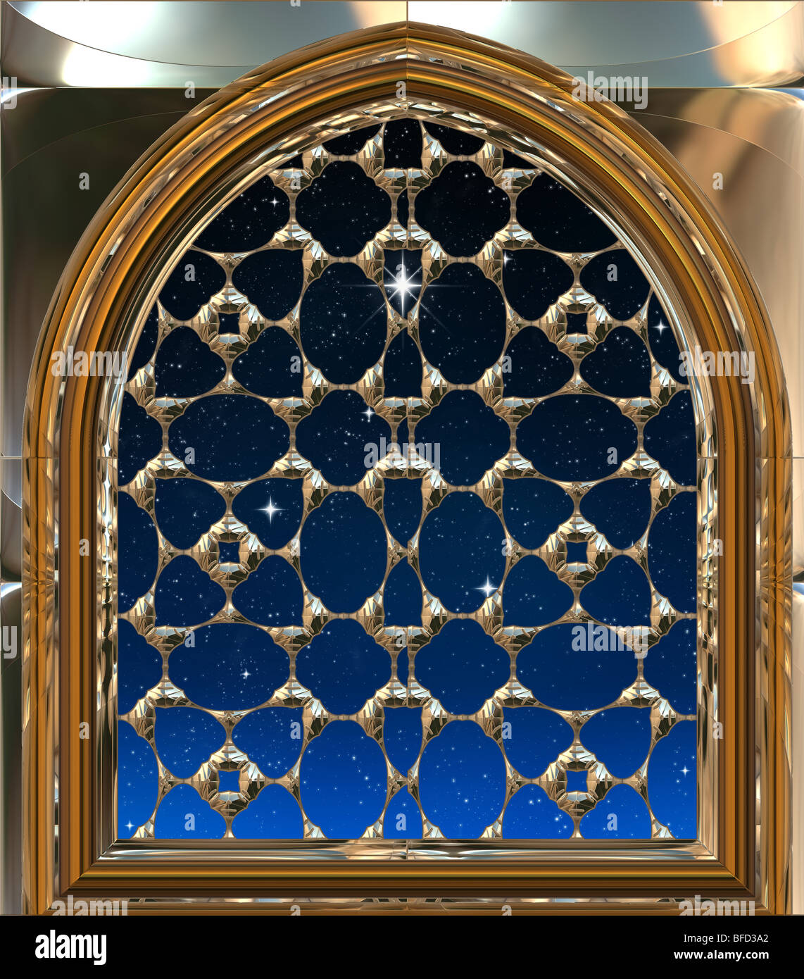 gothic or science fiction window looking into starry night sky with ...