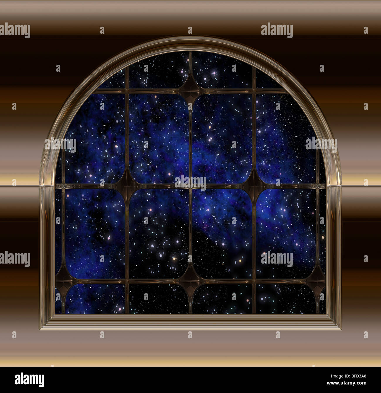 gothic or science fiction window looking into space or starry night sky ...