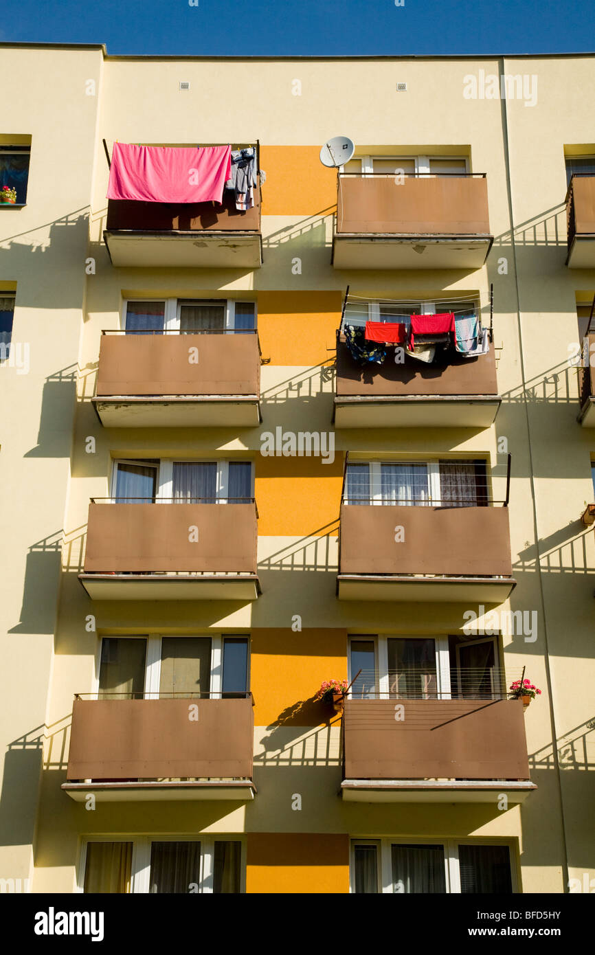 Balconies on a Polish residential housing block, in the town of ...