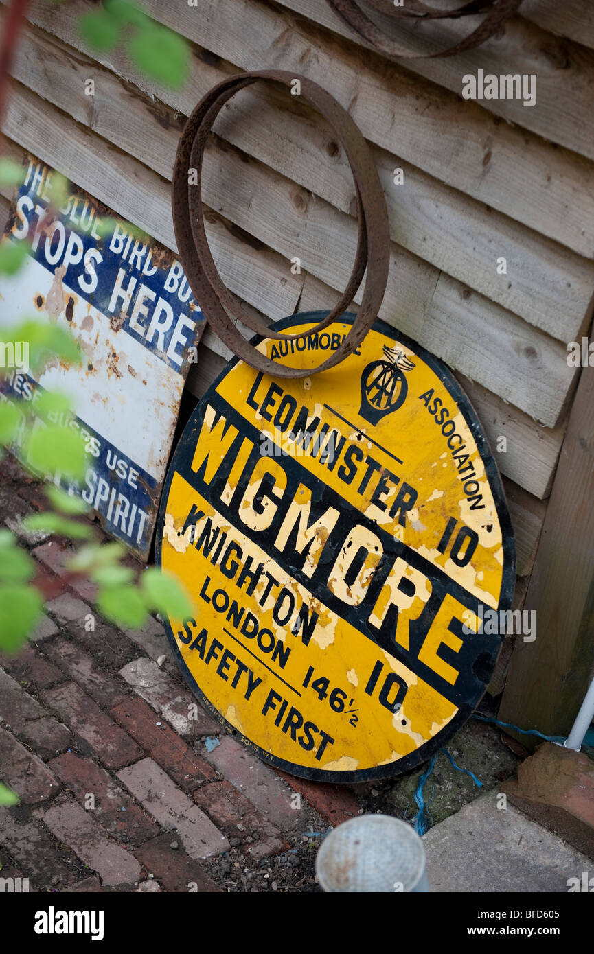 Old AA yellow road sign in an English garden, Ludlow, Shropshire ...
