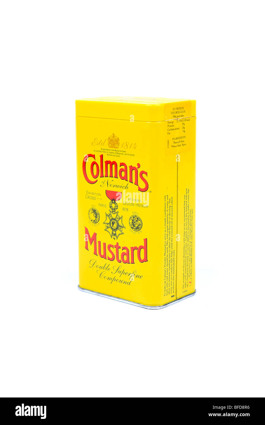Tin of Colman's dried mustard powder against a white background Stock ...