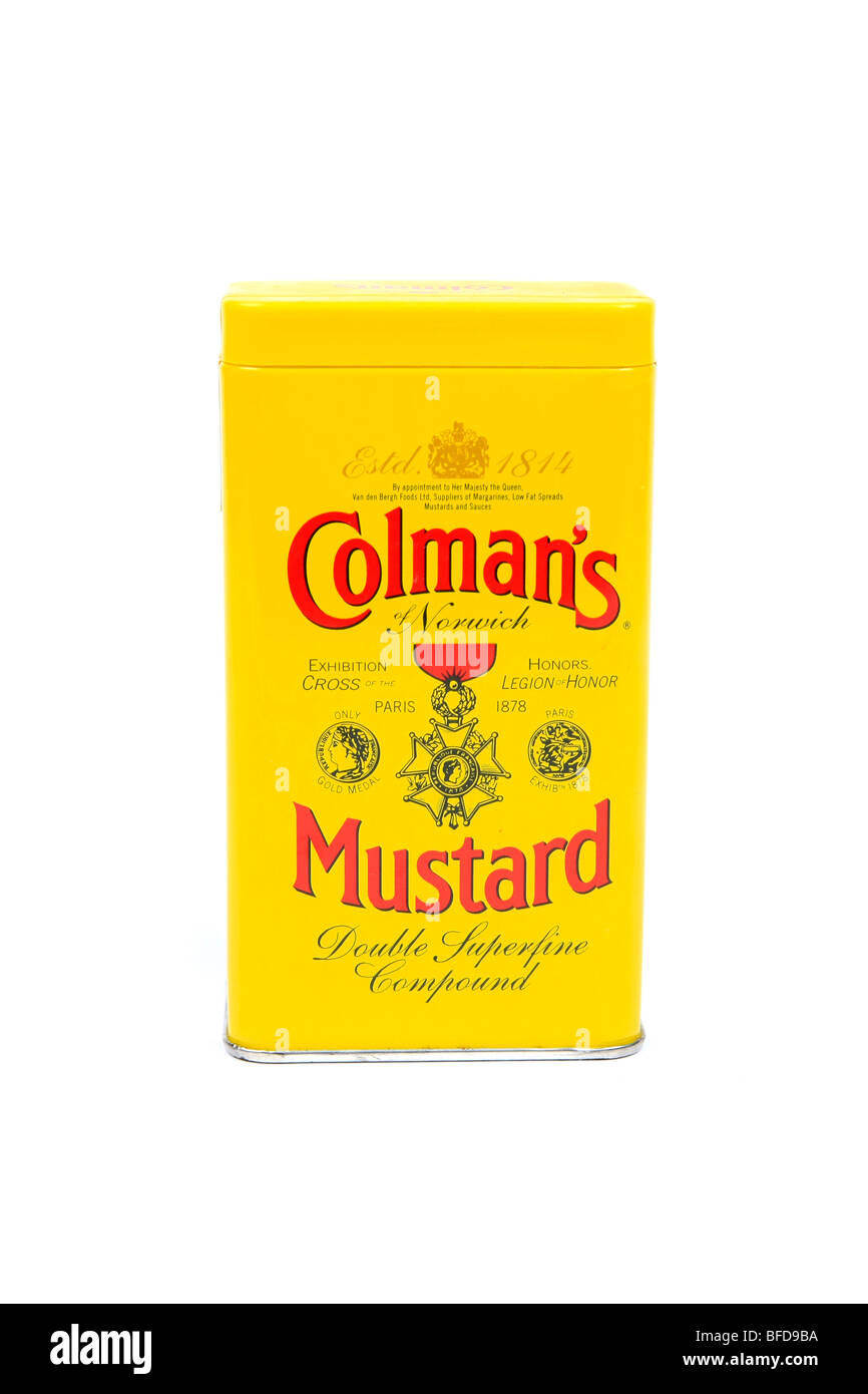 Tin of Colman's dried mustard powder against a white background Stock ...
