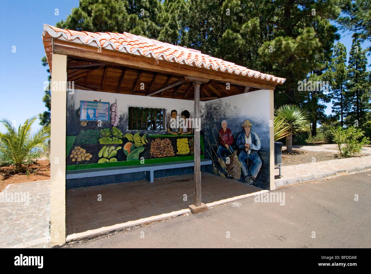 Bus stop with wallpainting in the northwest of the canary island La ...