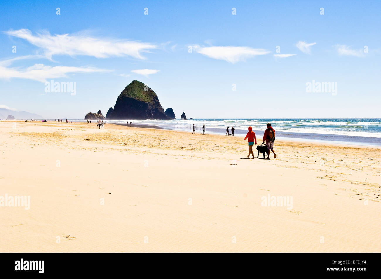 Couple walking dog on beach near Haystack Rock; Cannon Beach on the ...