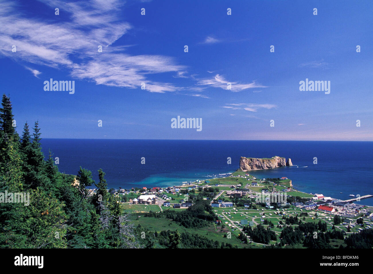 Coastal village with Perce Rock, Perce, Gaspe, Quebec, Canada Stock ...