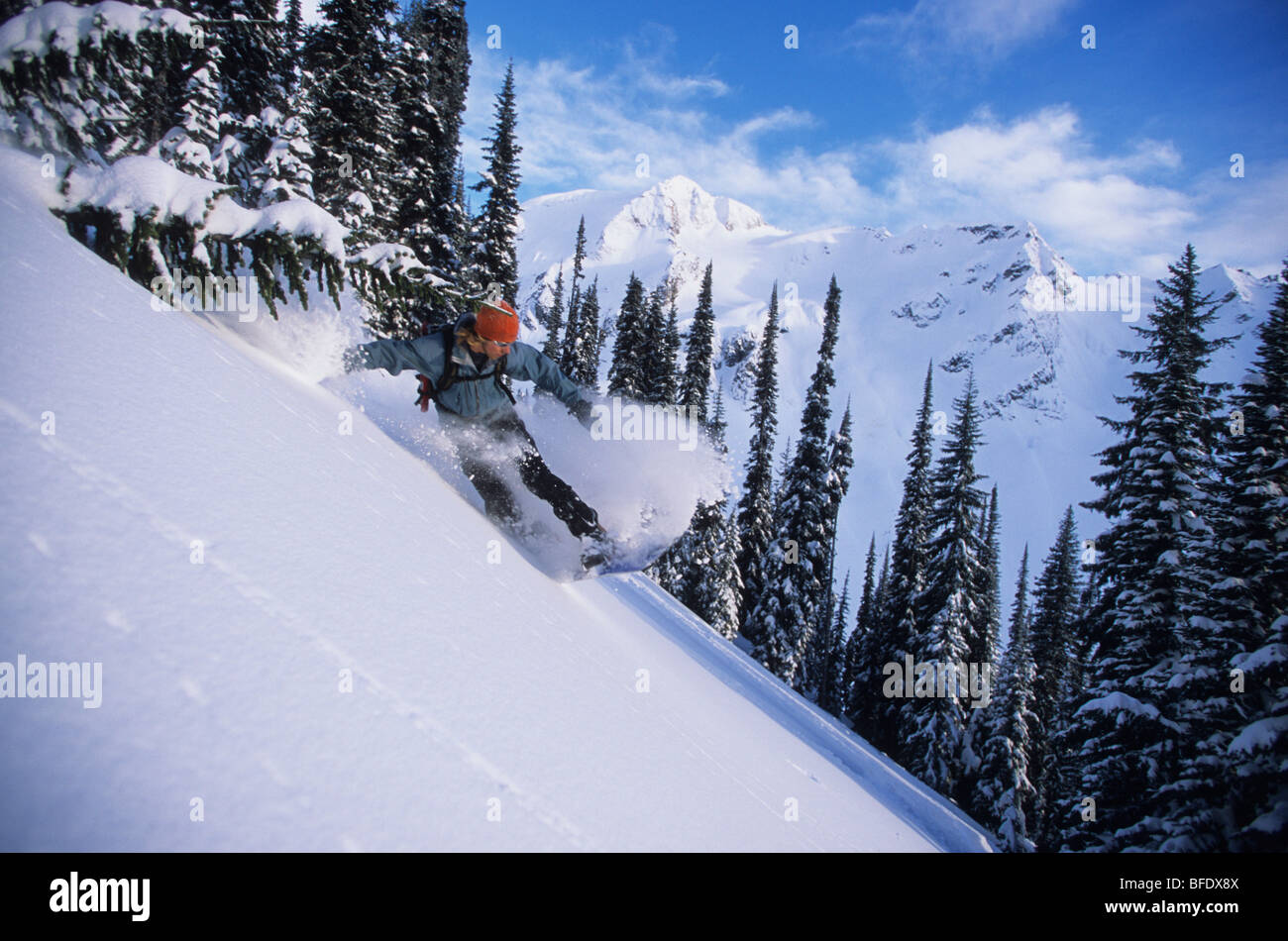 A snowboarder making some fine powder turns in the backcountry in the ...
