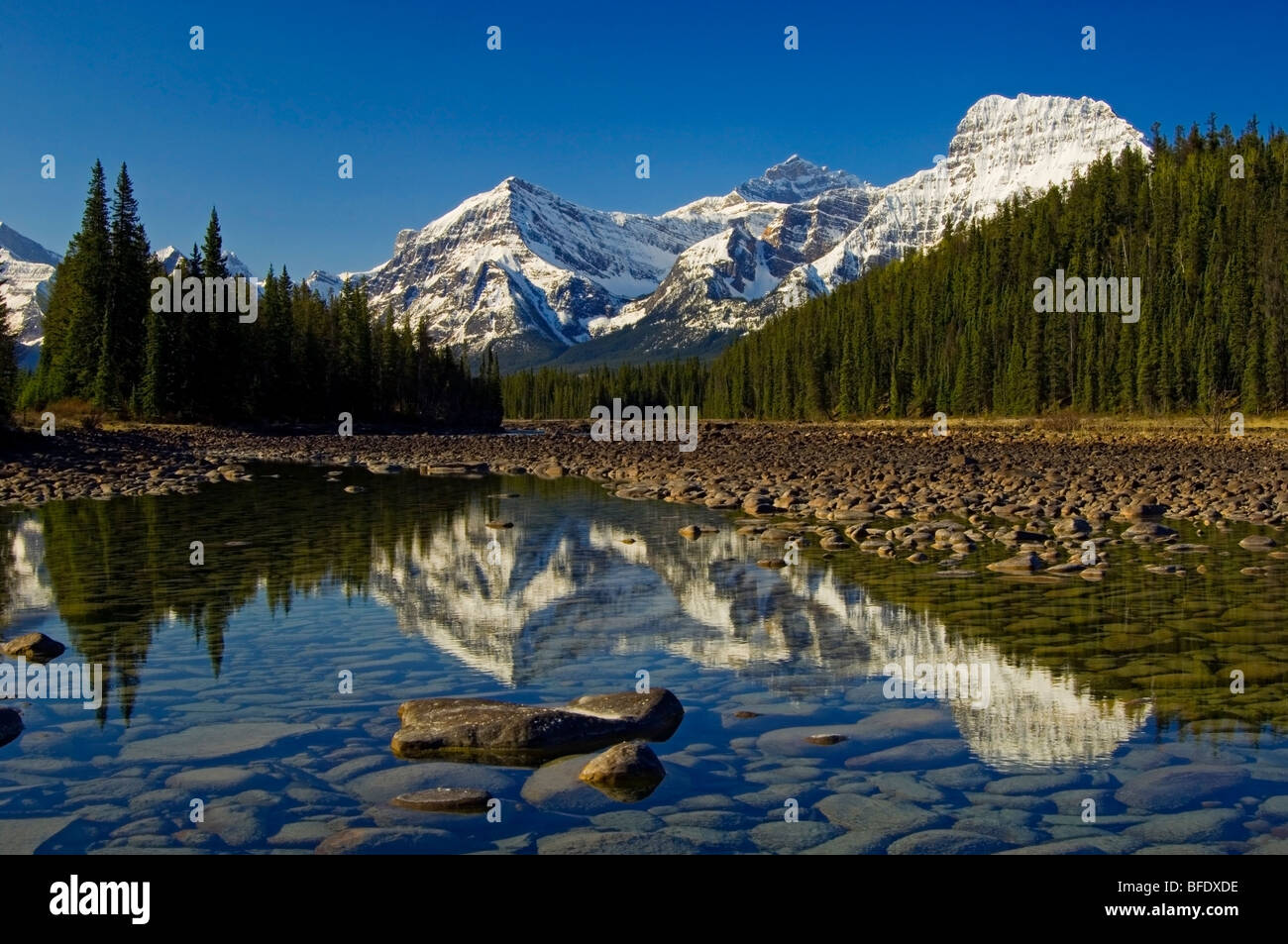Athabasca River and Mount Fryatt at centre and Geraldine Peak at right ...