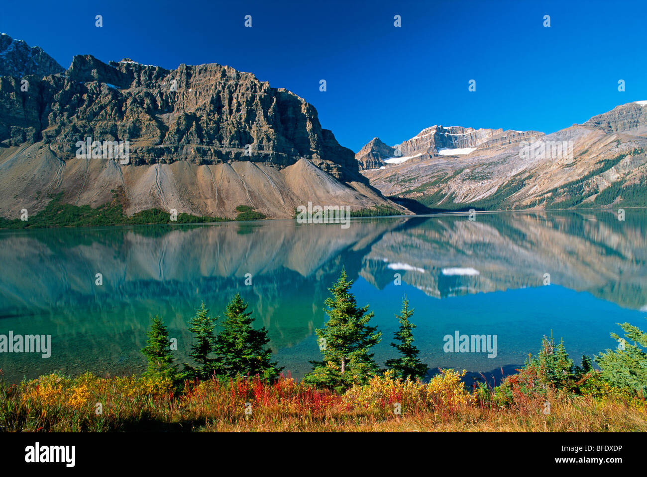Autumn colors on Bow Lake with Crowfoot Mountain, Banff National Park ...