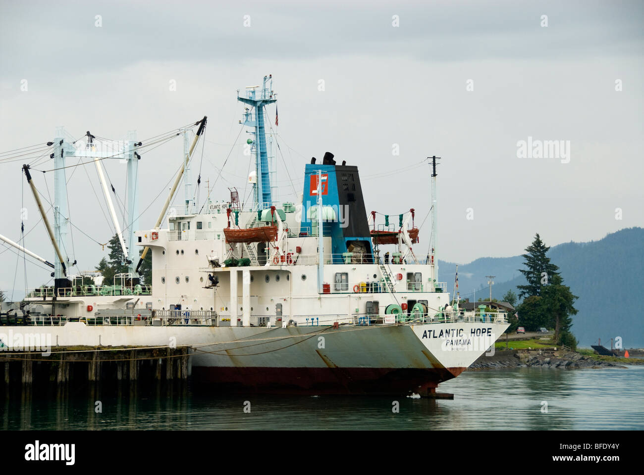 Freighter Atlantic Hope loading cargo (fish) on Zimovia Strait ...