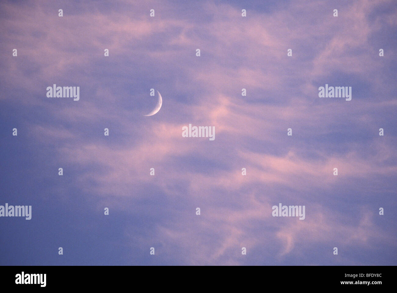 Crescent Moon Behind Cirrus Cloud in Evening Stock Photo - Alamy