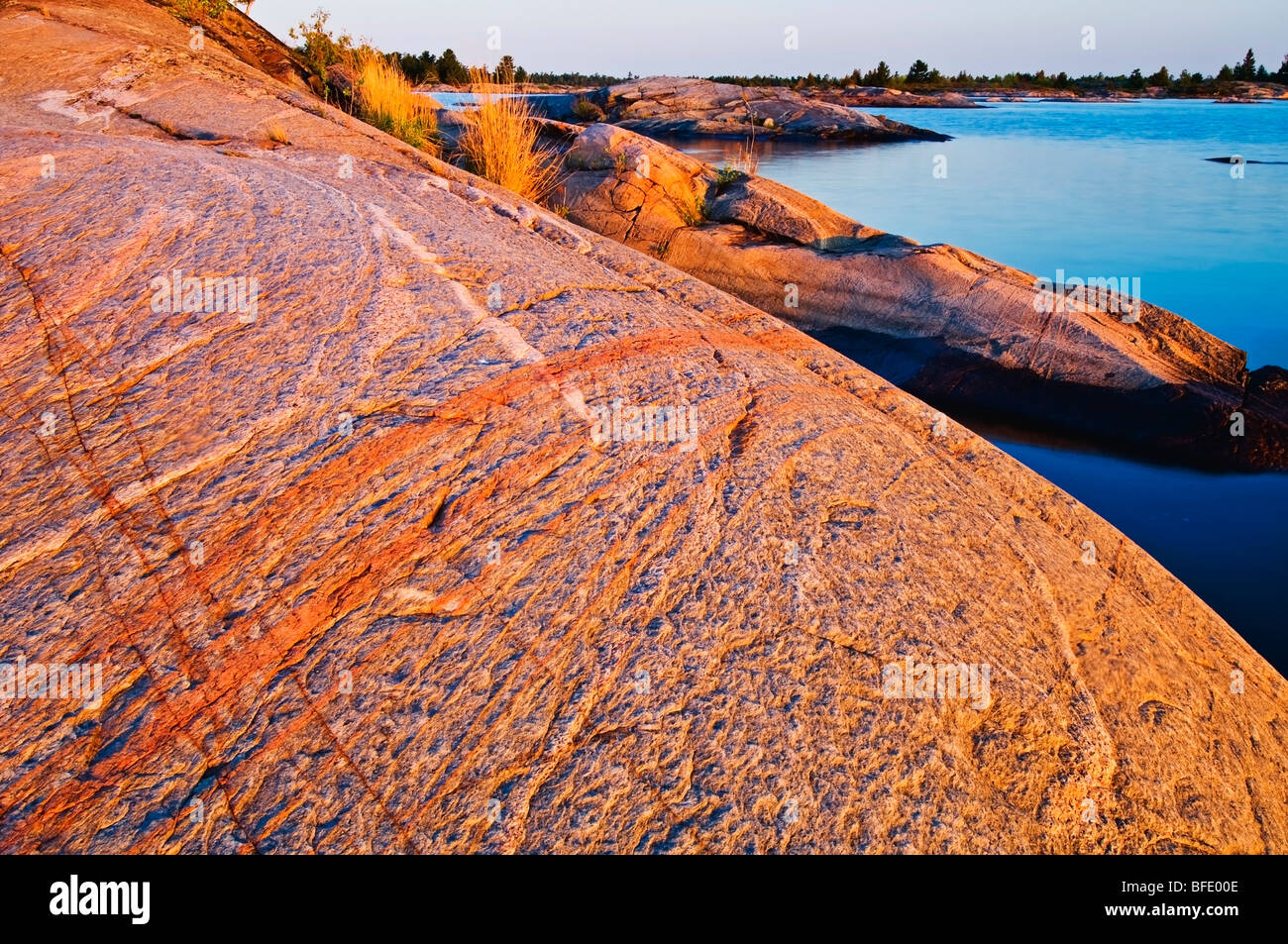 Pink veins of feldspar at sunrise on Fox Bay, French River Provincial ...