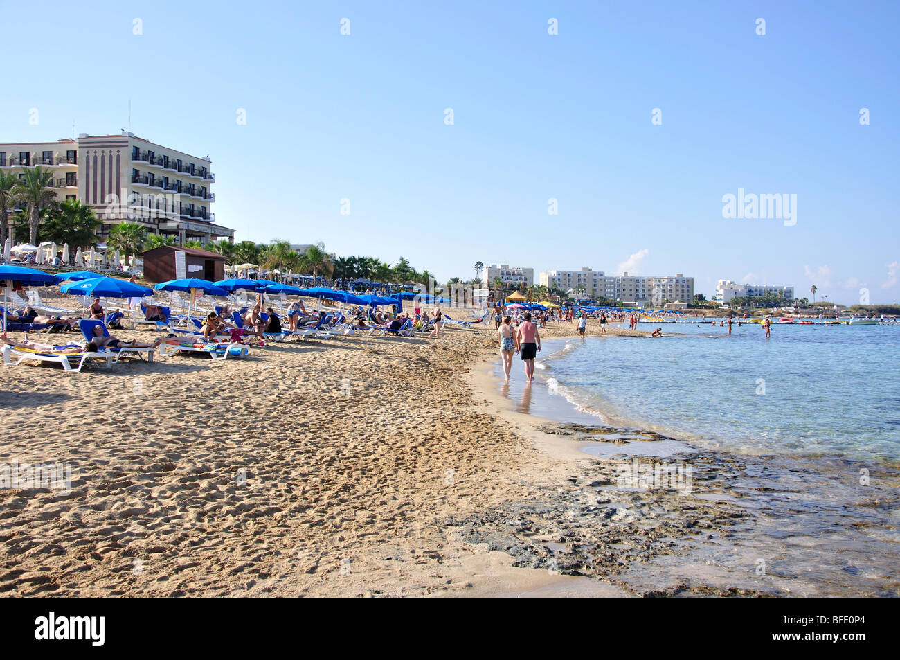 Beach view, Protaras Bay, Protaras, Famagusta District, Cyprus Stock ...