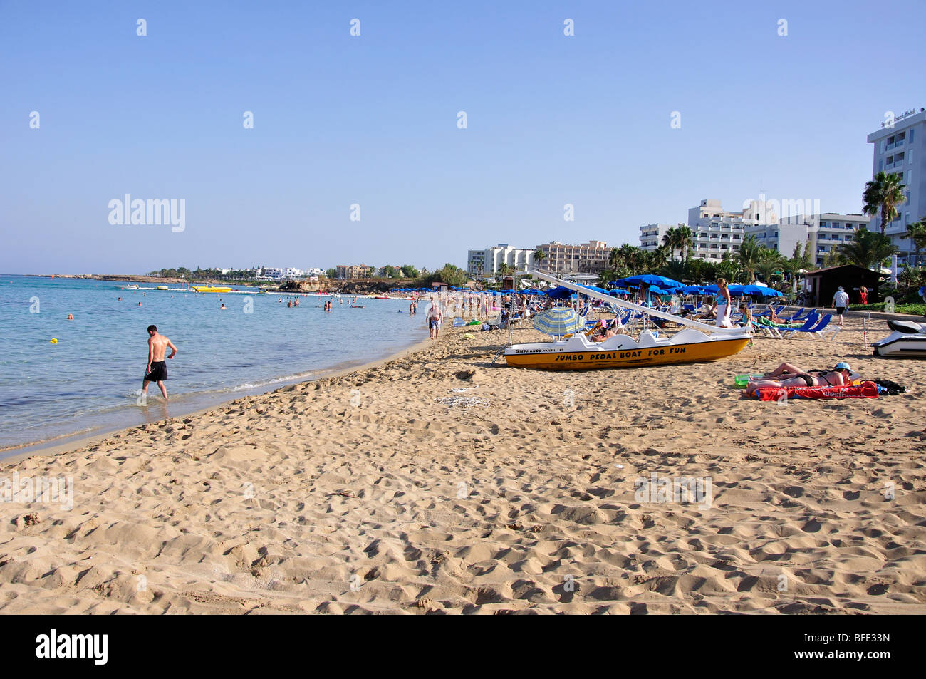 Beach view, Protaras Bay, Protaras, Famagusta District, Cyprus Stock ...