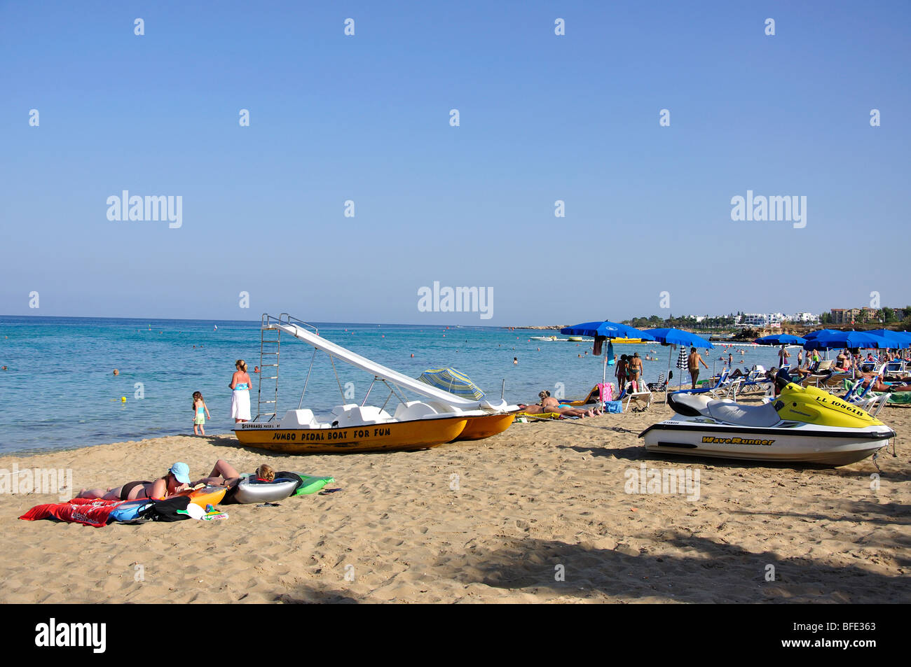 Beach view, Protaras Bay, Protaras, Famagusta District, Cyprus Stock ...