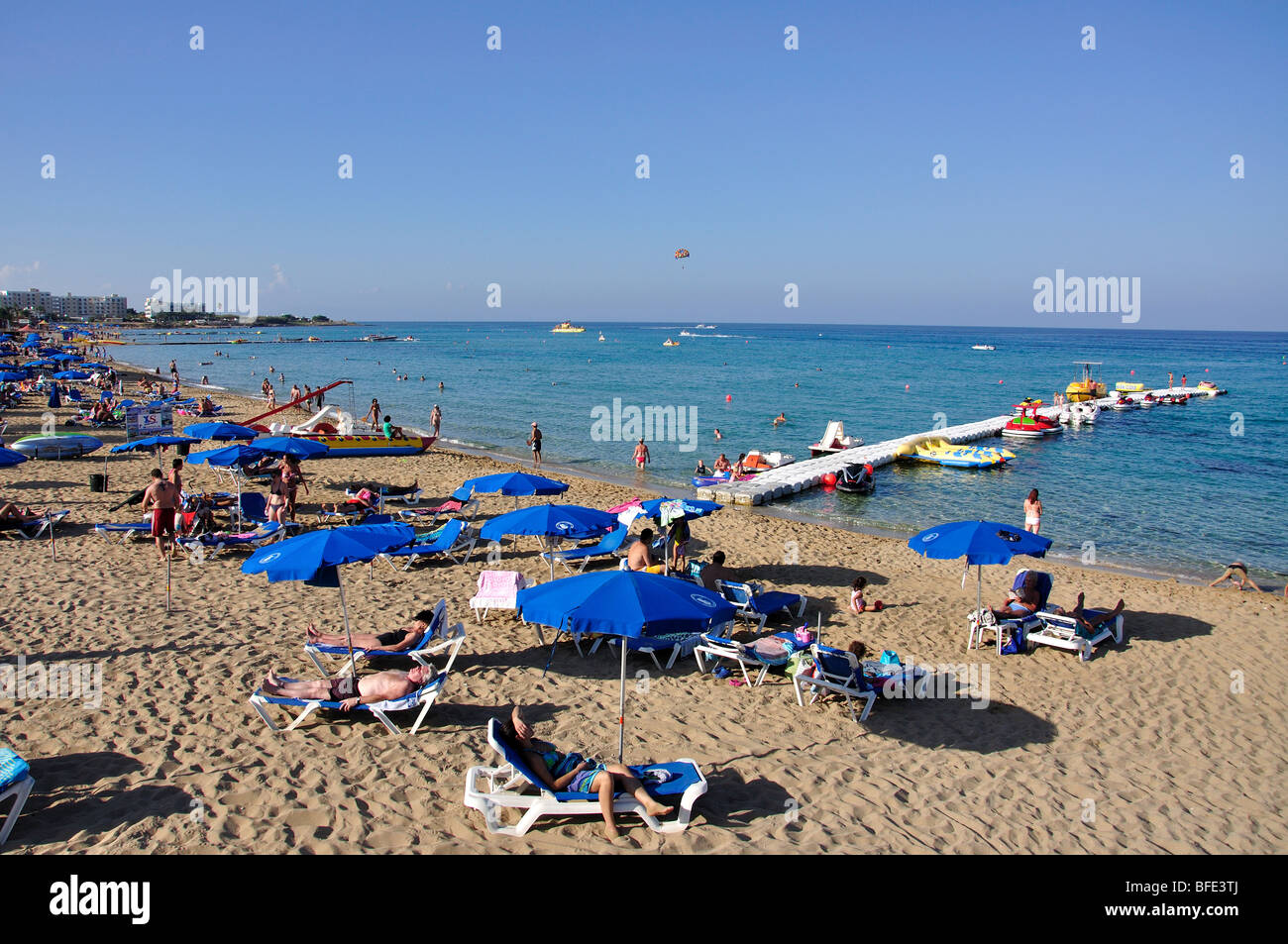 Beach view, Protaras Bay, Protaras, Famagusta District, Cyprus Stock ...