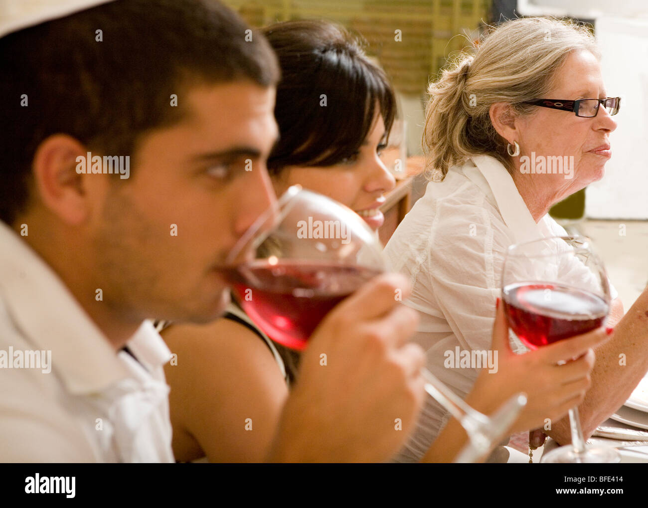 Drinking wine at dinner table Stock Photo - Alamy