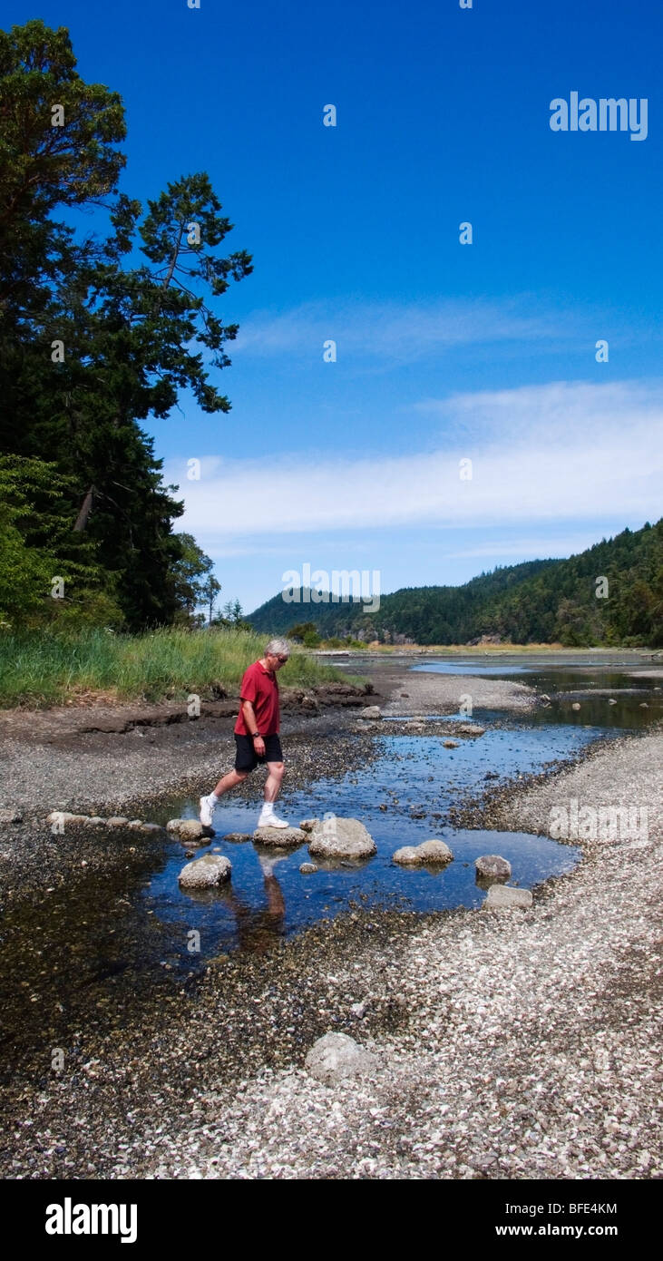 A hiker crosses a creek on the beach at Montague Harbour Provincial ...