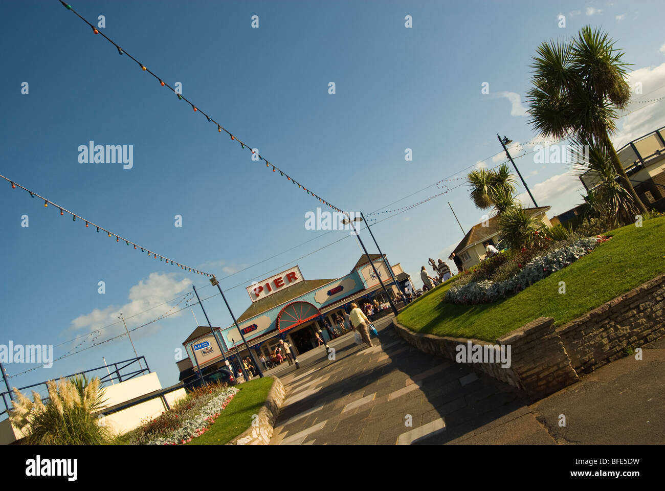 seafront promenade pier lights, palm trees Teignmouth, Devon, England ...