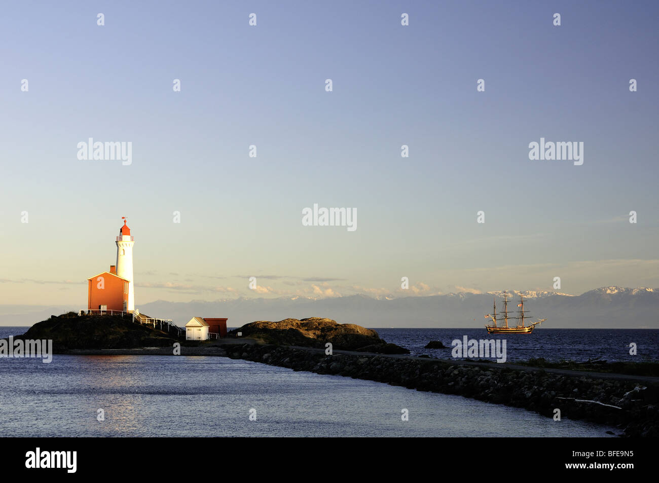 Fisgard Lighthouse and tall ship Bounty at Fort Rodd Hill National ...