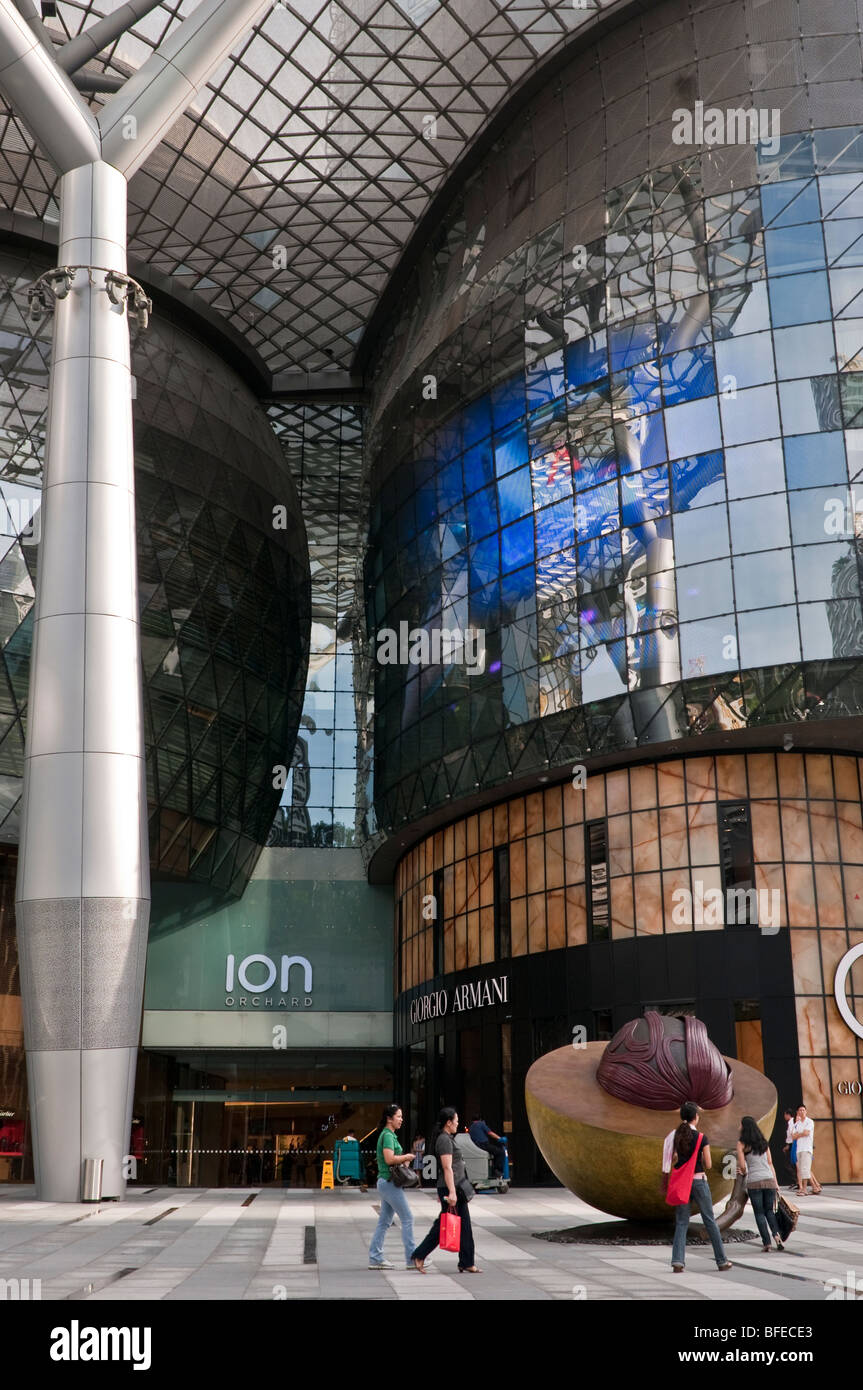 Shoppers on the outside concourse of the ION Orchard shopping centre ...
