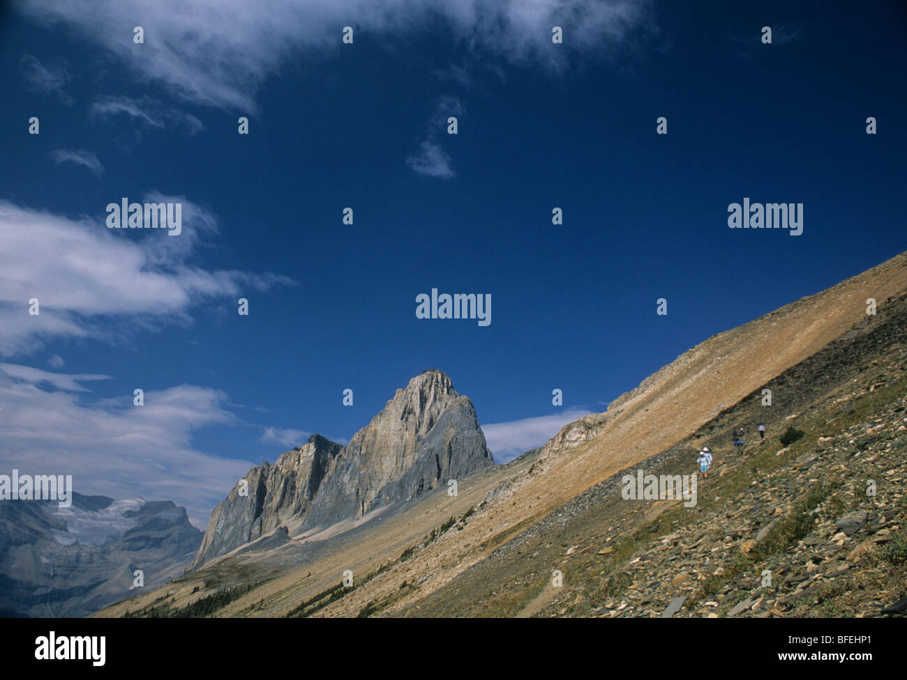 People approaching Walcott Quarry (Burgess Shale) and view towards ...