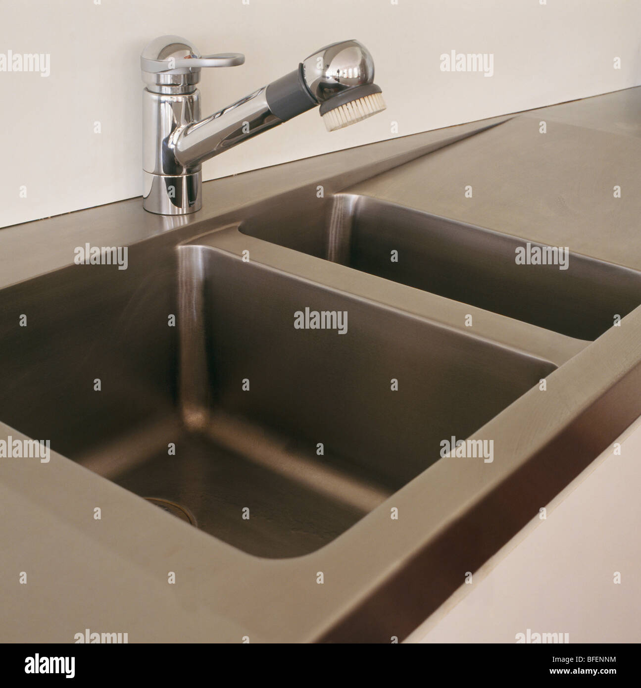 Close-up of stainless steel double sink and tap Stock Photo - Alamy