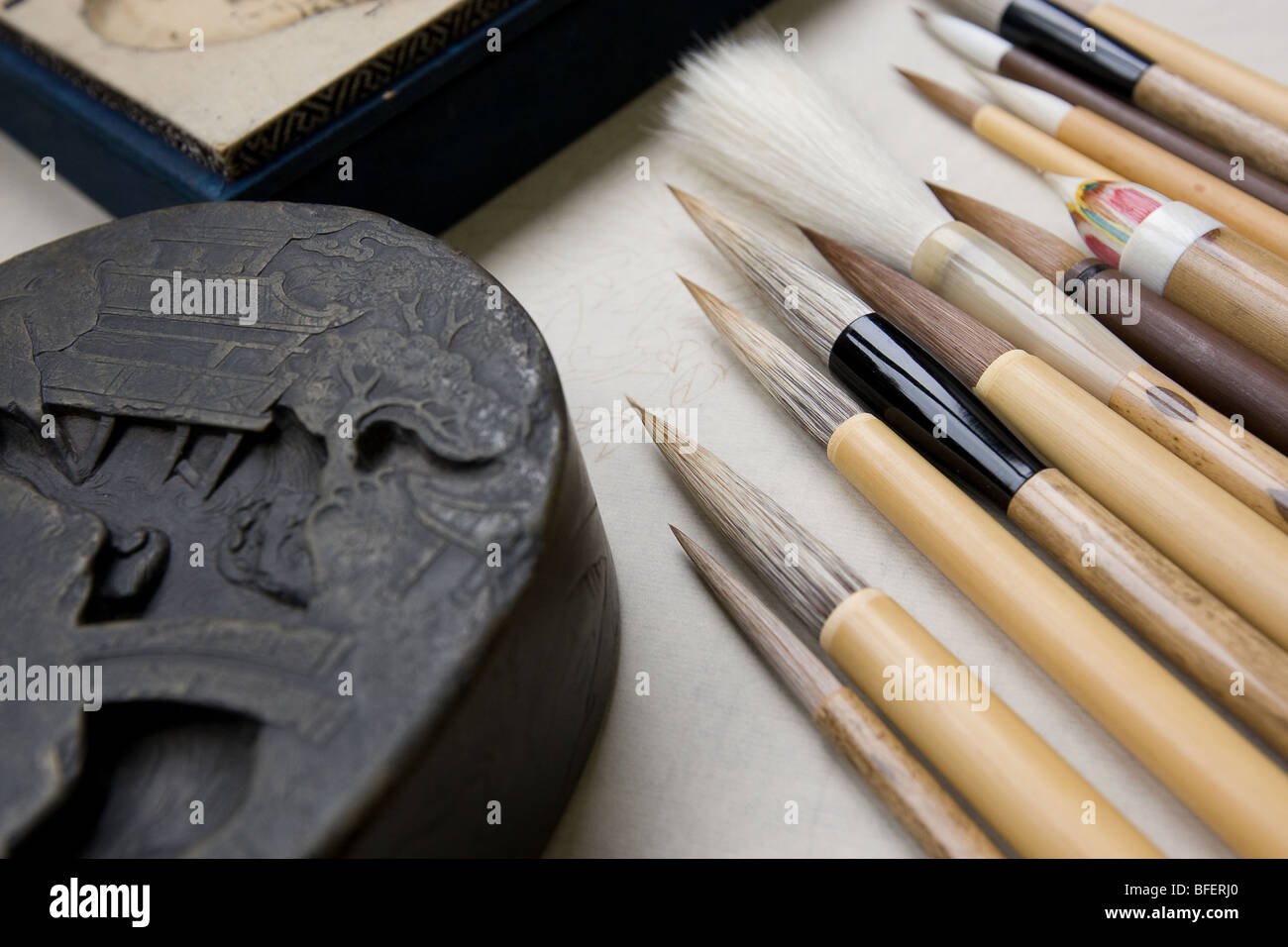 calligraphy painting brushes, inks, and stones Stock Photo - Alamy