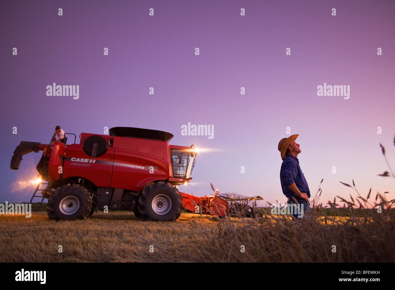 A farmer with his combine harvester in background takes a break at dusk ...