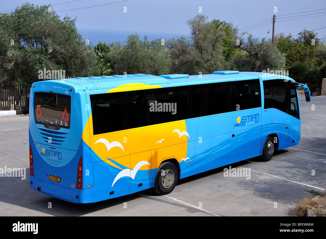Tour bus, Bellapais, Kyrenia, District, Northern Cyprus Stock Photo - Alamy