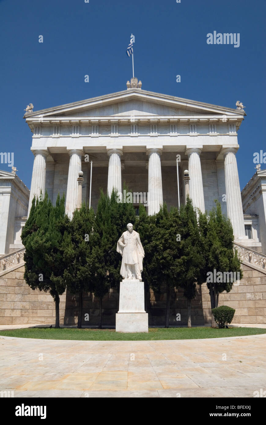 National Library of Greece facade and Andreas Vallianos statue, Athens ...