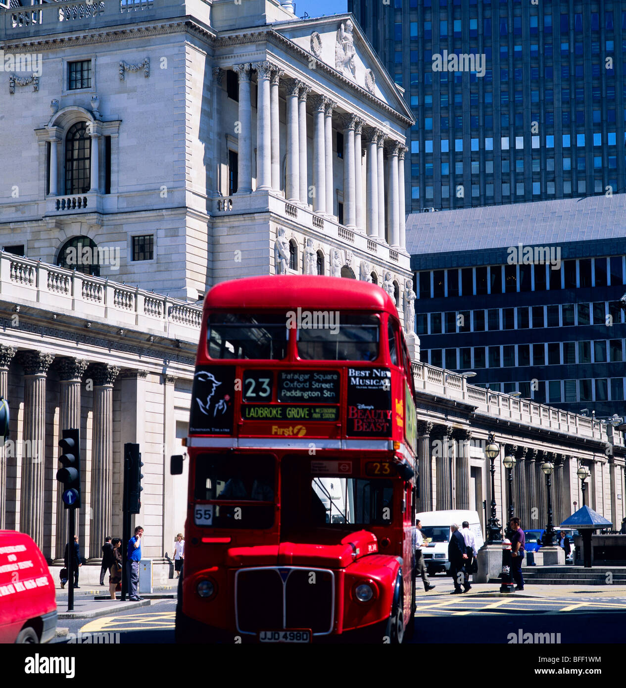 Red double decker Routemaster bus and Bank of England City of London ...