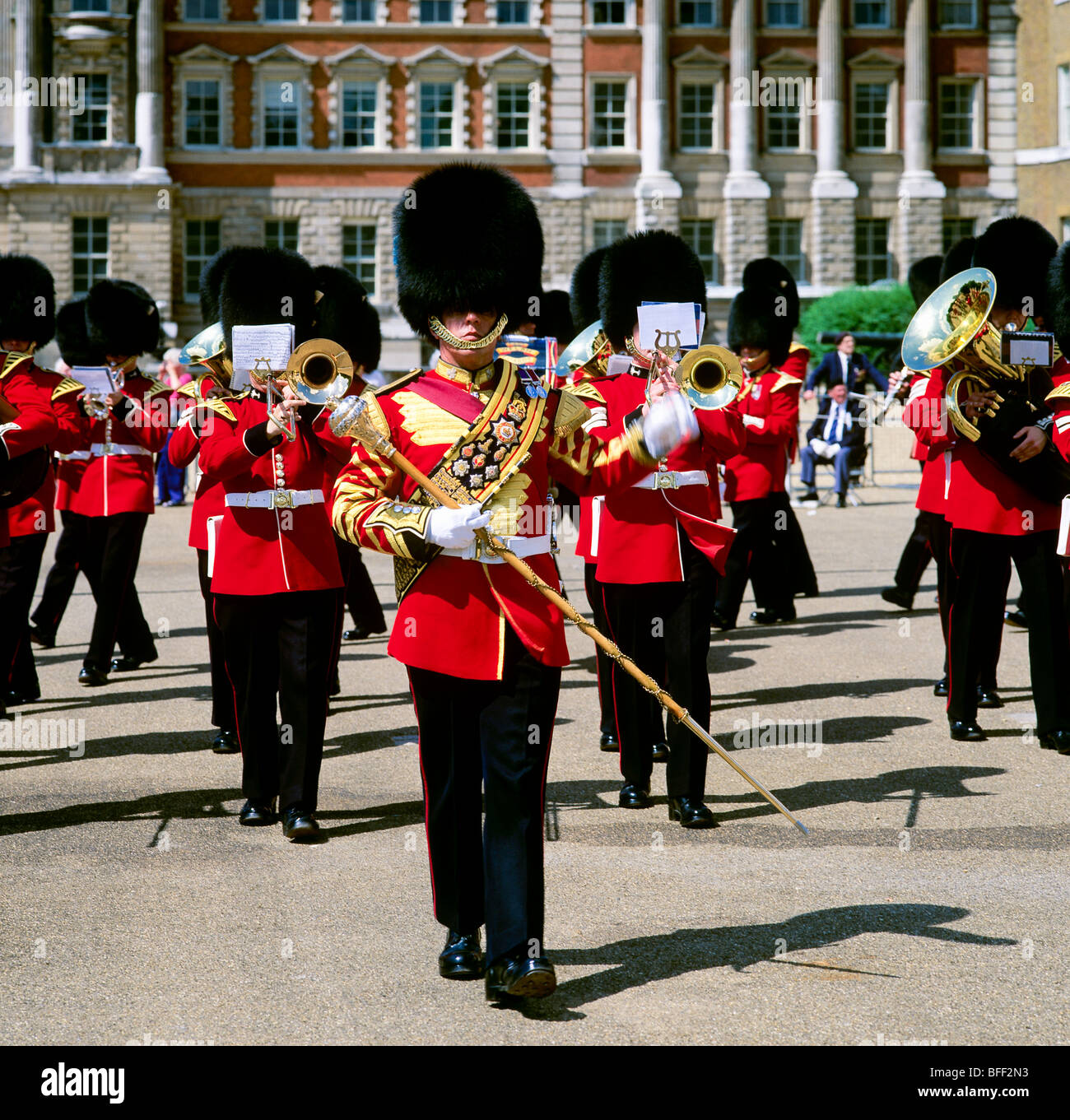 Drum Major leading Royal Welsh guards marching band Whitehall London ... Drum Major leading Royal Welsh guards marching band Whitehall London ...
