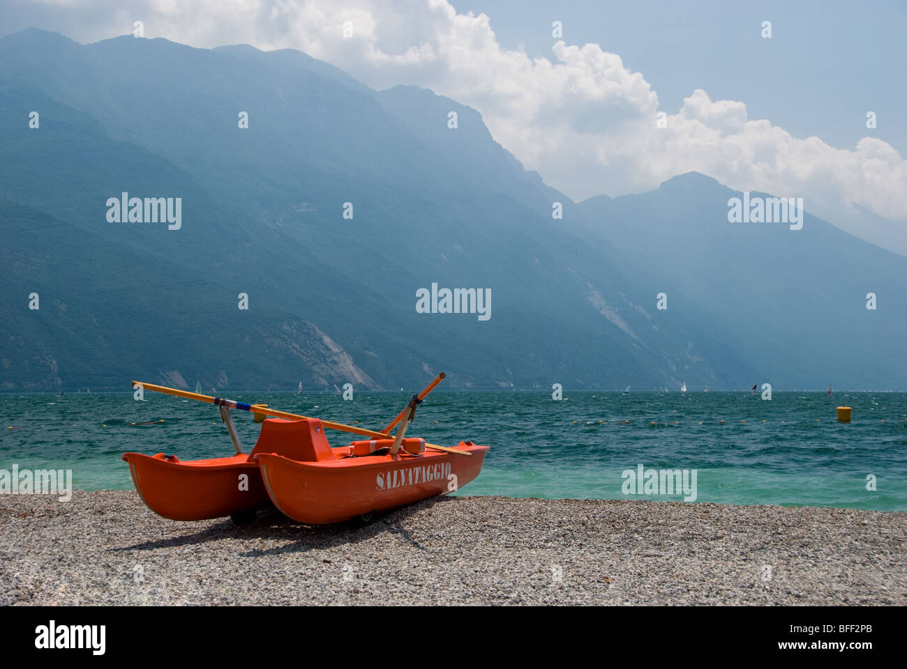 A rescue boat used by the lifeguards along the shores of Lake Garda ...