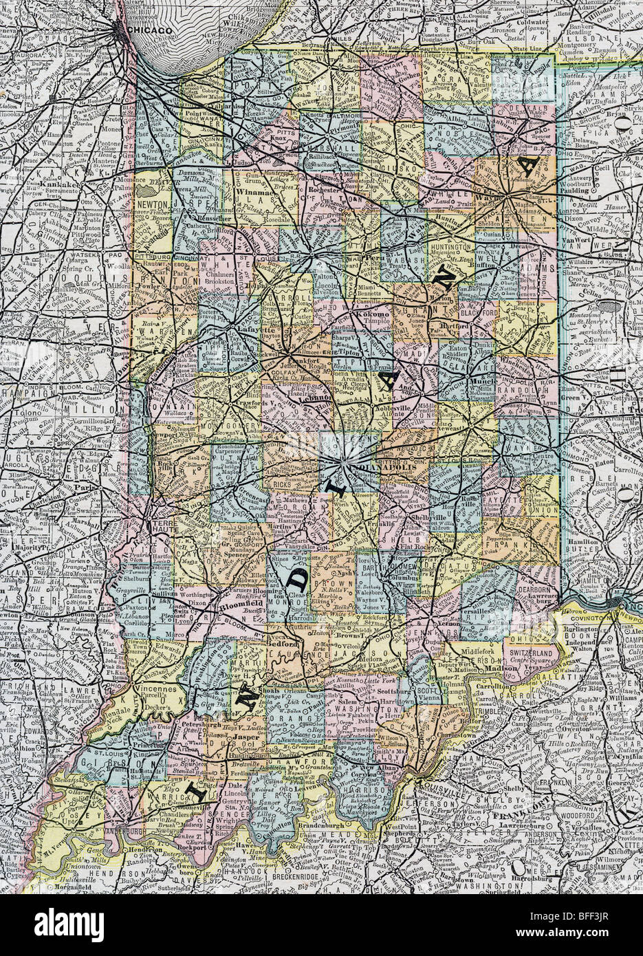 Original old map of Indiana from 1884 geography textbook Stock Photo ...